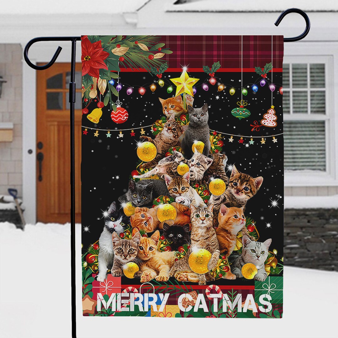 Merry Catmas Flag, Cat Christmas Tree Garden Flag, Holiday Garden Decor ...