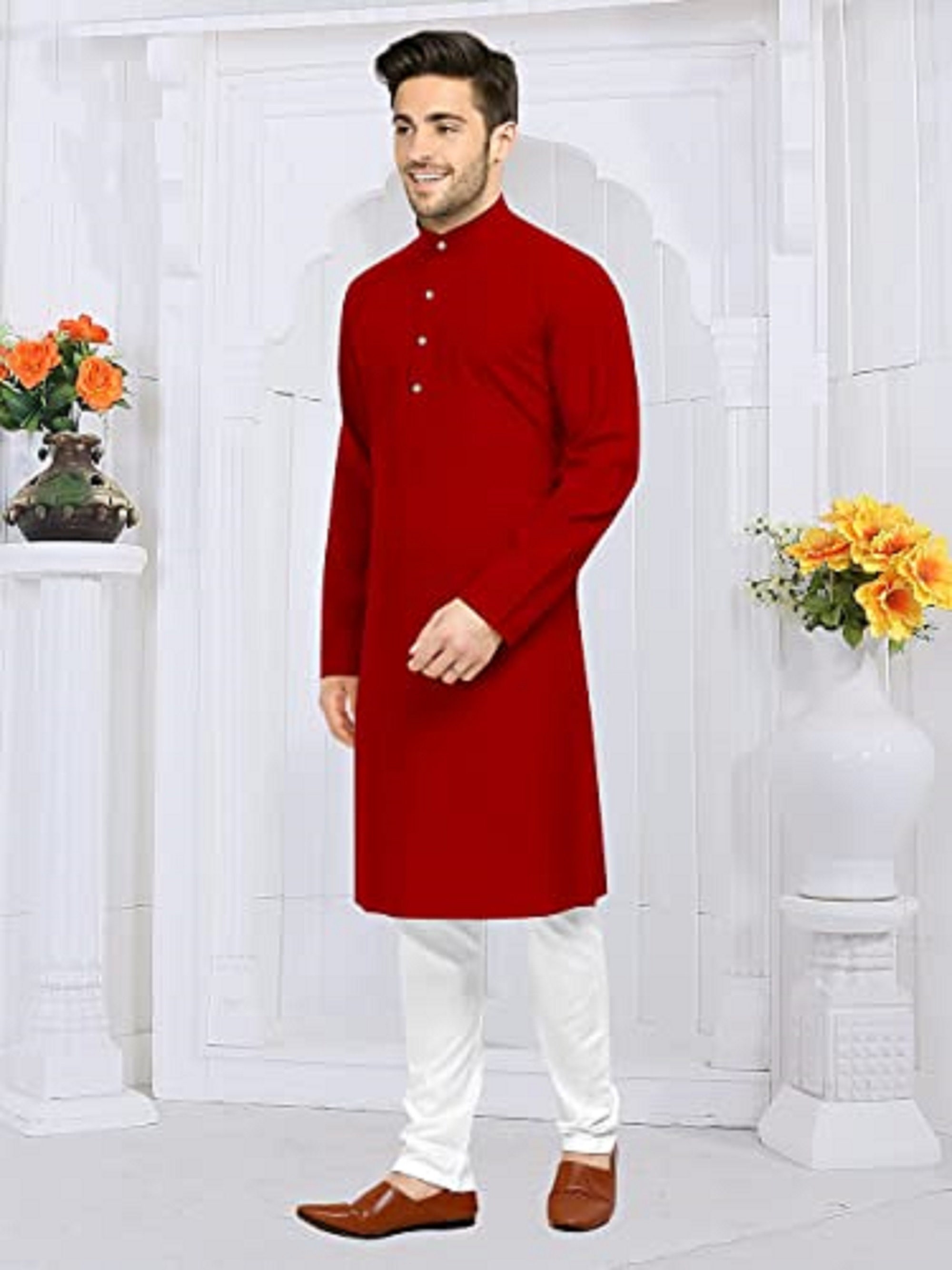 Men Traditional Indian and Pakistani Red Kurta White Payjama Set With ...