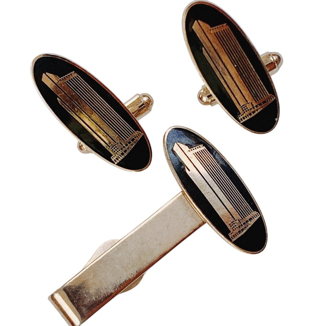 VTG Mid Century Black Cufflinks Tie Bar Chain 3-piece Set Skyscraper ...