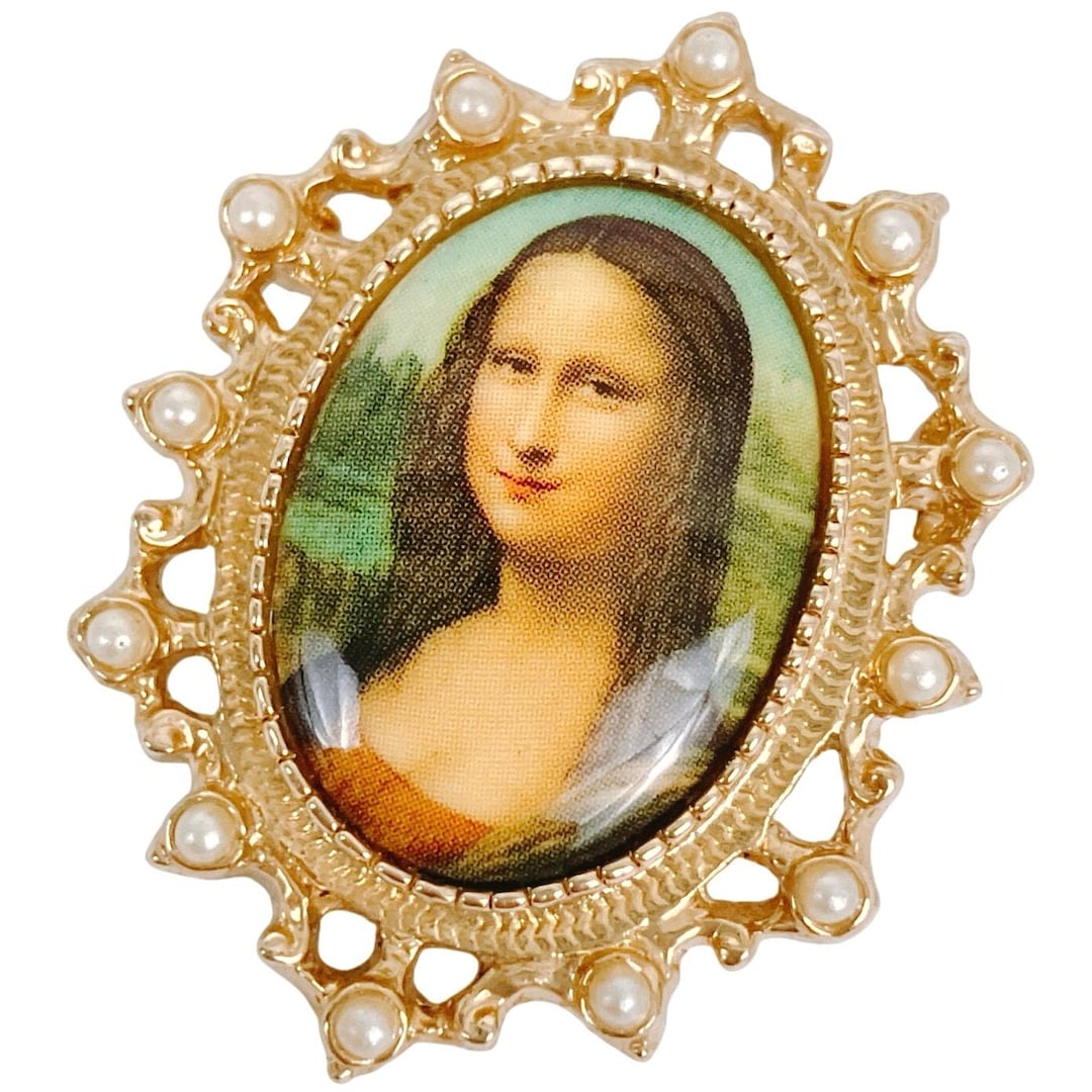 VTG Sarah Coventry Signed Mona Lisa Cameo 1960s Brooch Gold Tone Faux ...