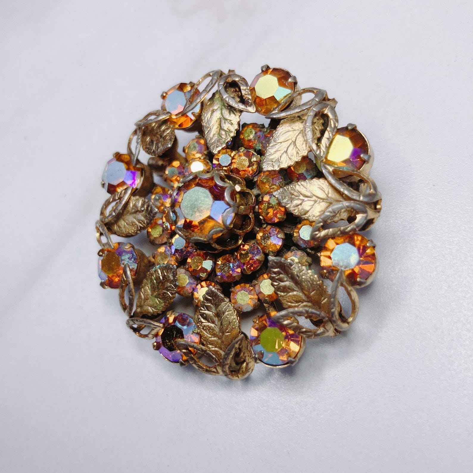Mid Century VTG Aurora Borealis 1.5" Rhinestone Brooch Pin, Riveted ...