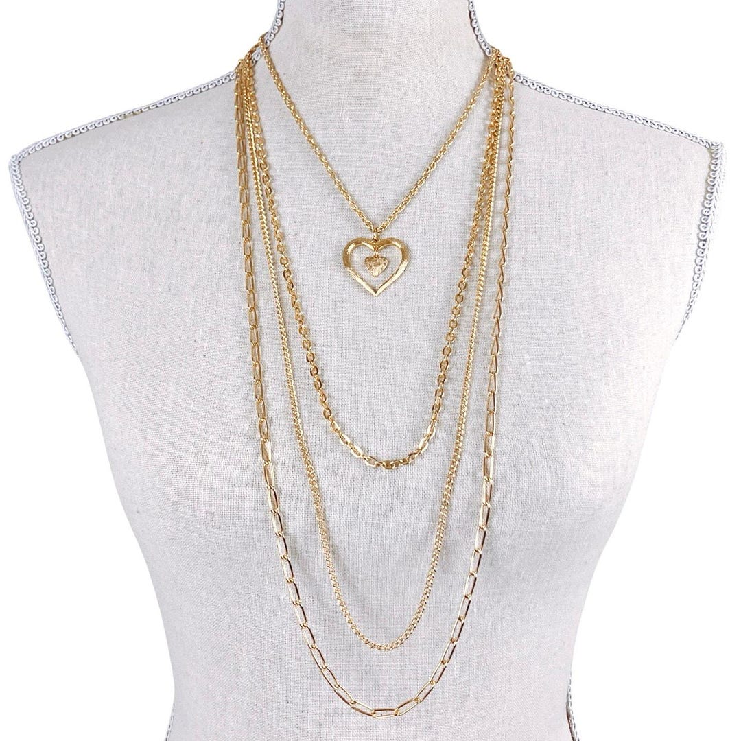 Vintage Gold Tone Long Layered Multi Chain Necklace With Heart Pendant ...