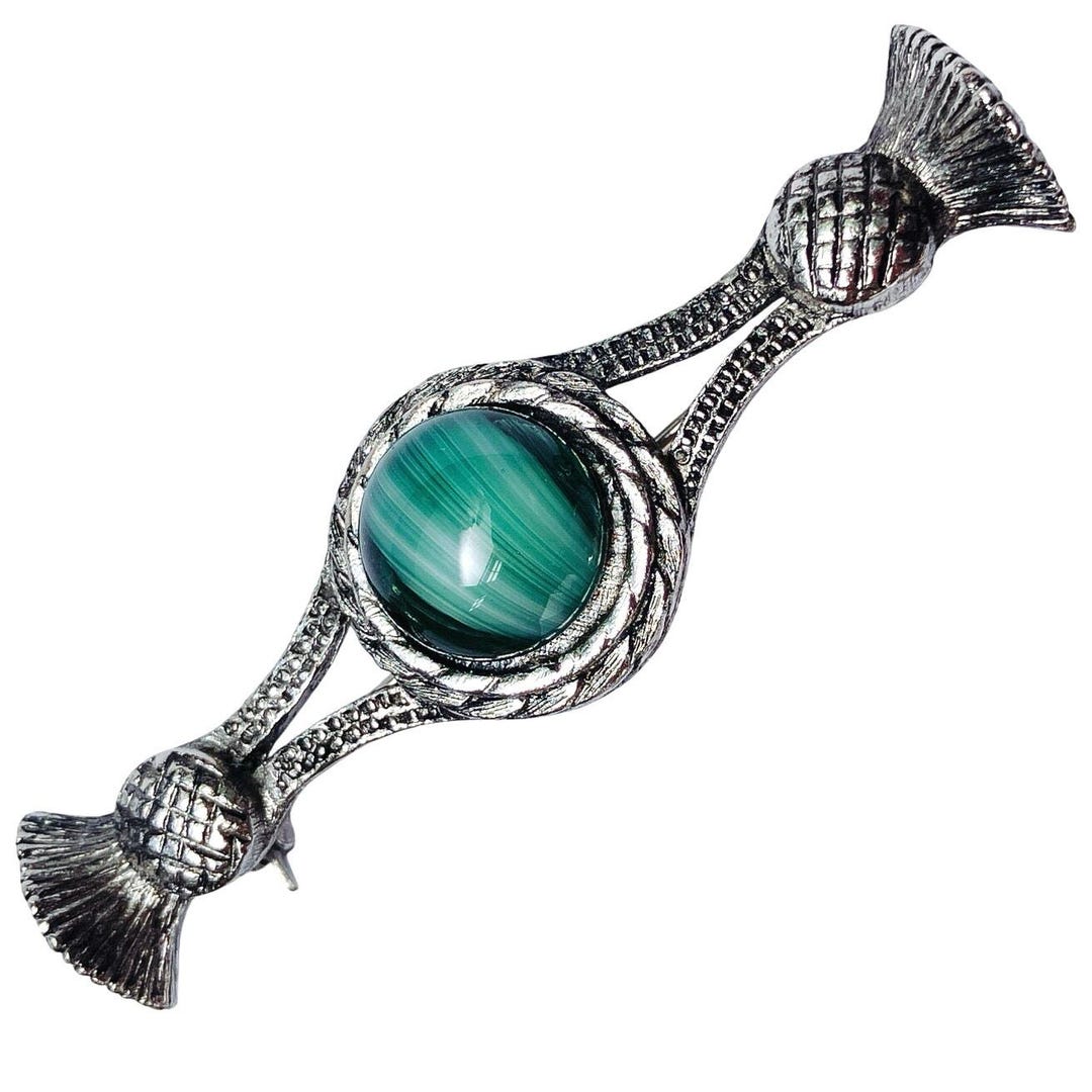 VTG Mid Century Brooch Glass Cabochon Celtic Revival Thistle Green ...