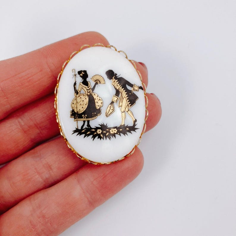 Gold Foil Colonial Couple Silhouette Vintage White Glass Brooch ...