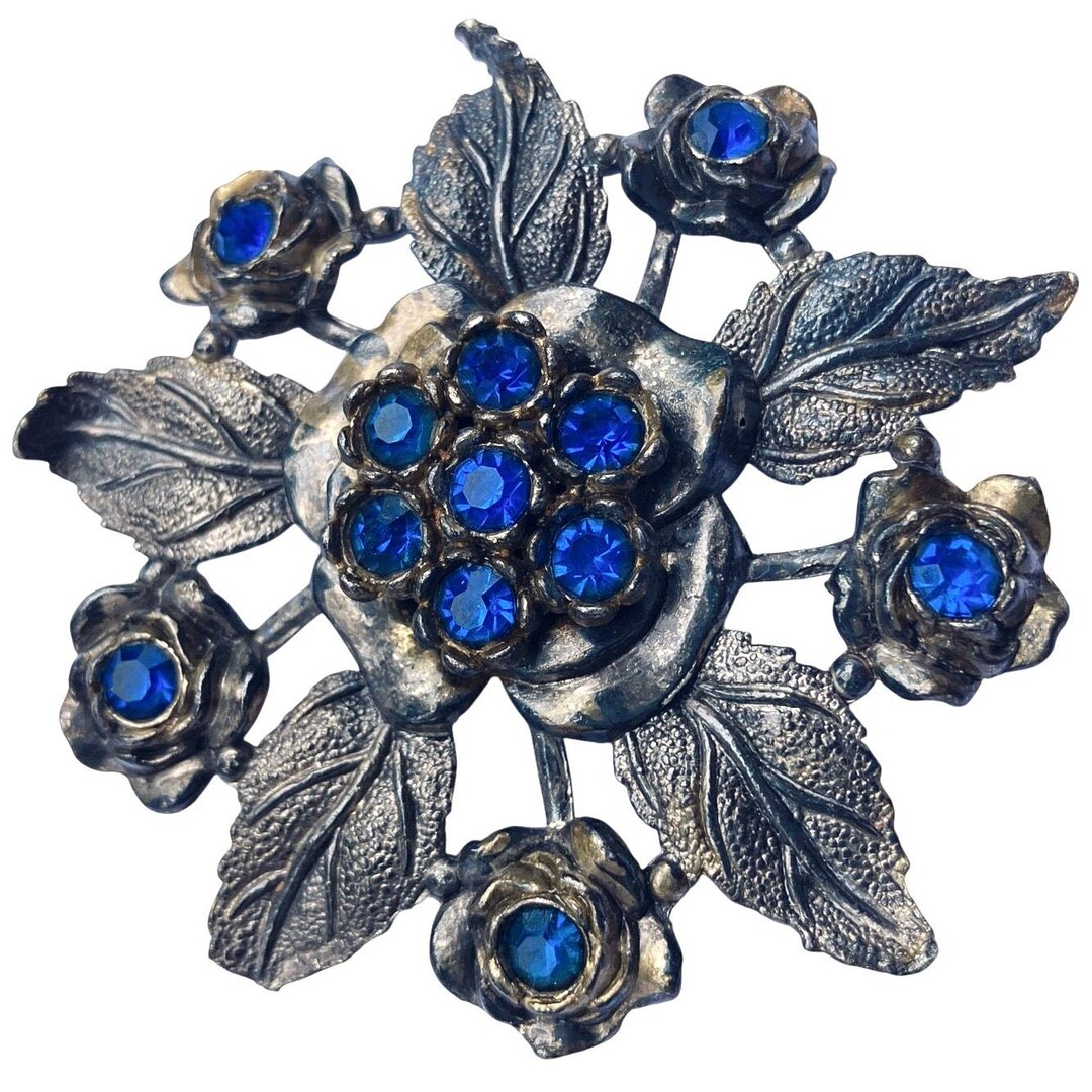 Vintage Mid Century Signed Little Nemo Floral Brooch Blue Rhinestone ...