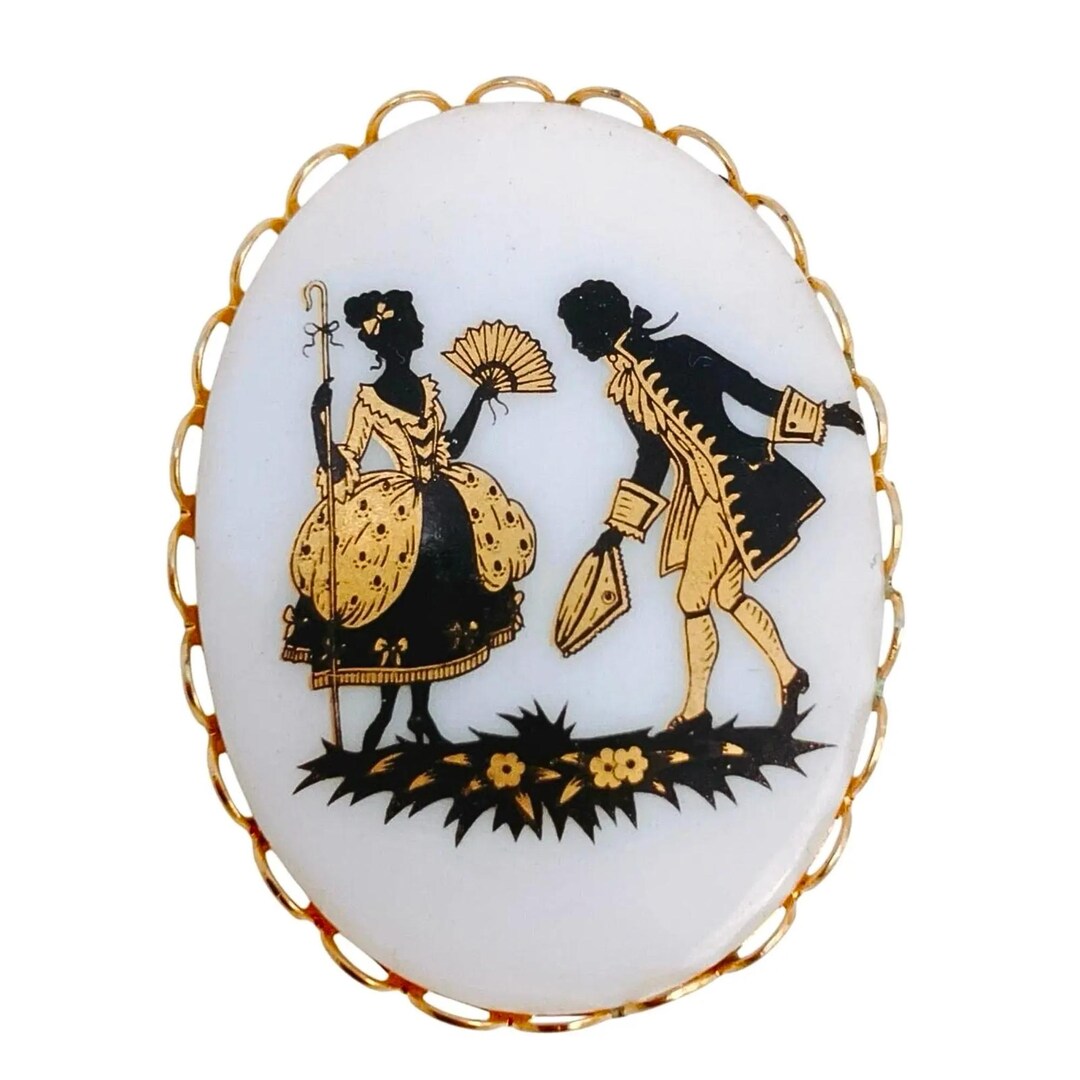 Gold Foil Colonial Couple Silhouette Vintage White Glass Brooch ...