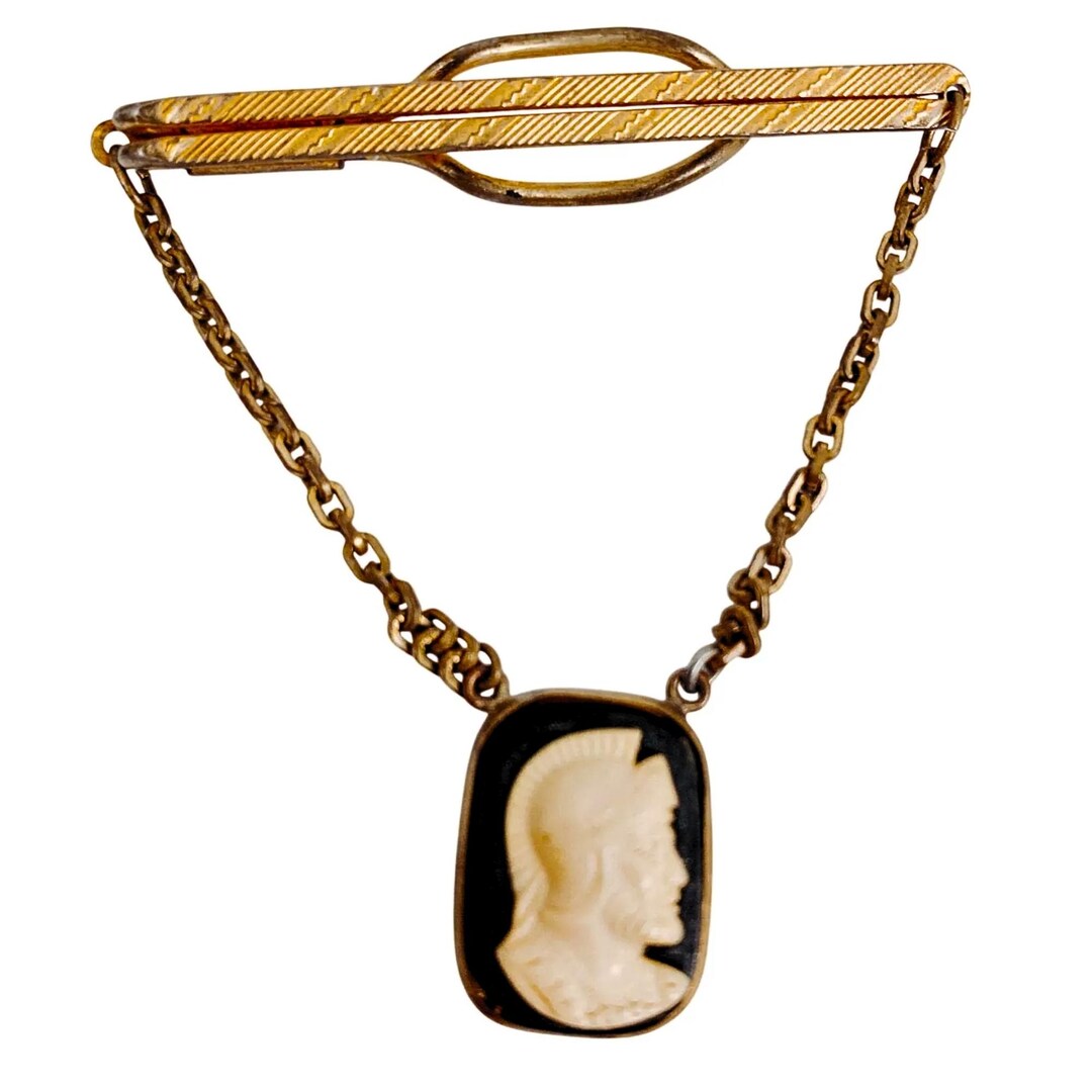 Vintage Hickok Gold-plated Tie Bar, Chain, Helmeted Roman Cameo, Mid ...