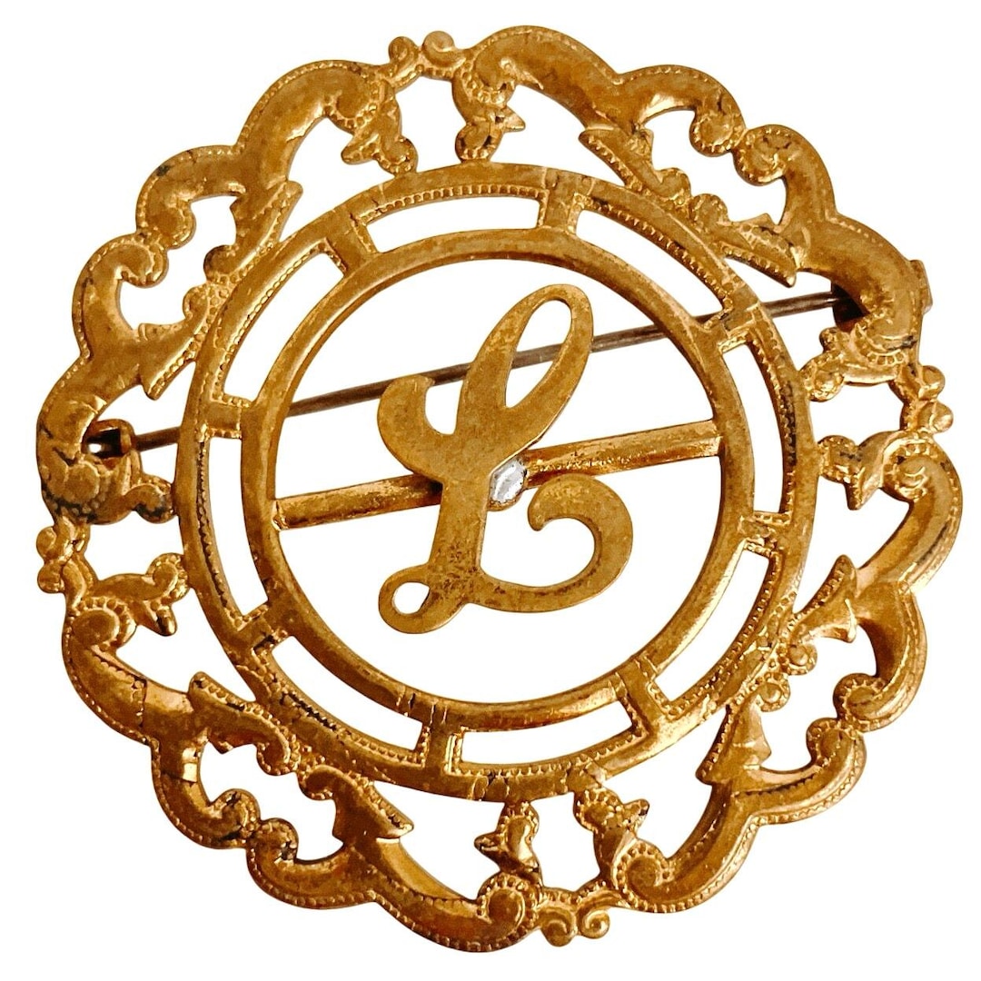 Vintage Monogram Brooch Script Letter L Mid Century Jewelry Gold Tone ...