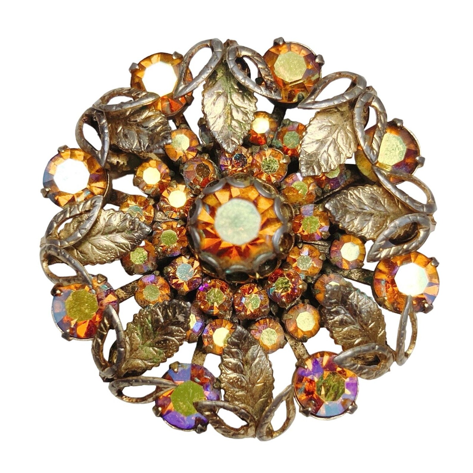 Mid Century VTG Aurora Borealis 1.5" Rhinestone Brooch Pin, Riveted ...