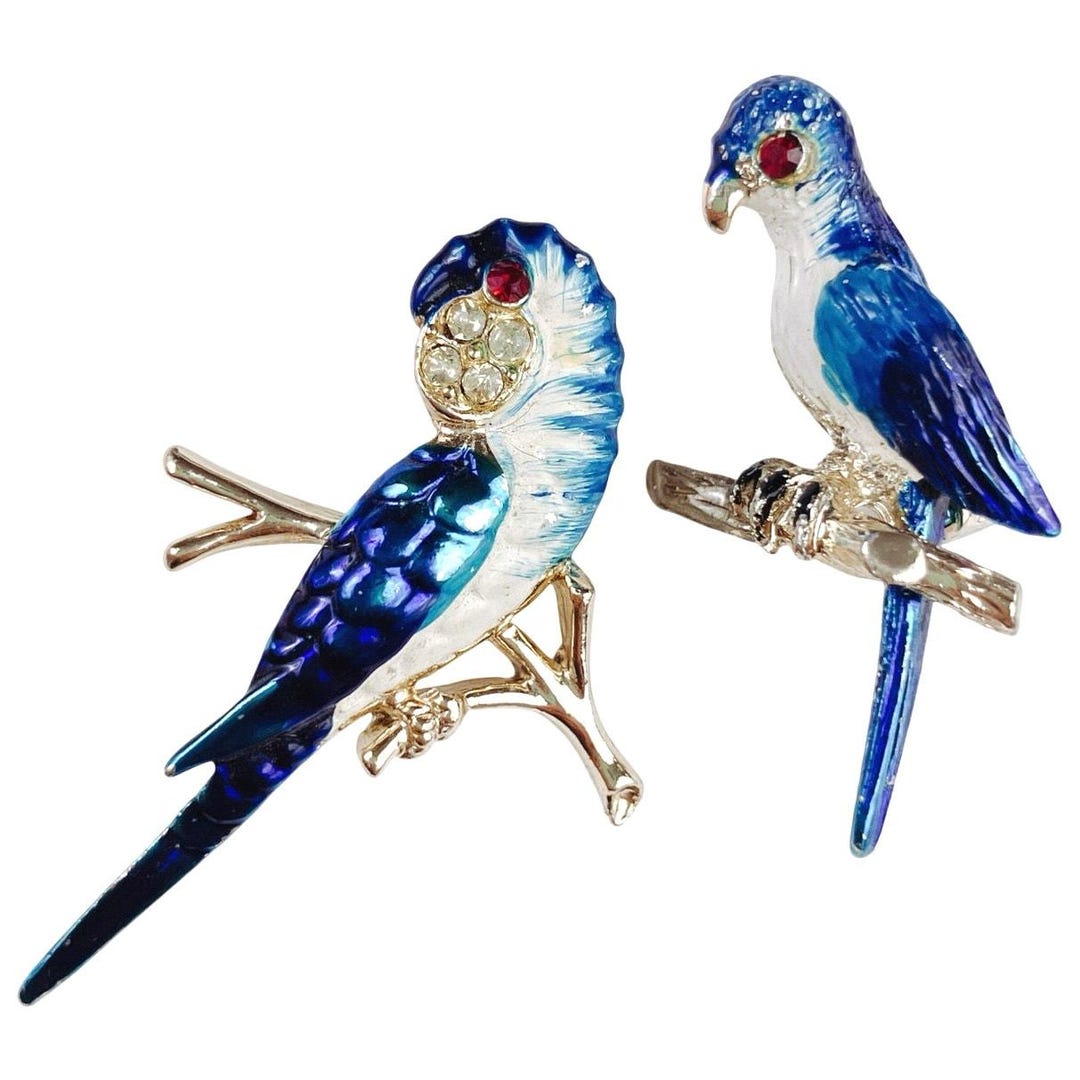 VTG Enamel Blue Bird Brooch Pair 1980s 1990s Gold Tone Rhinestone ...