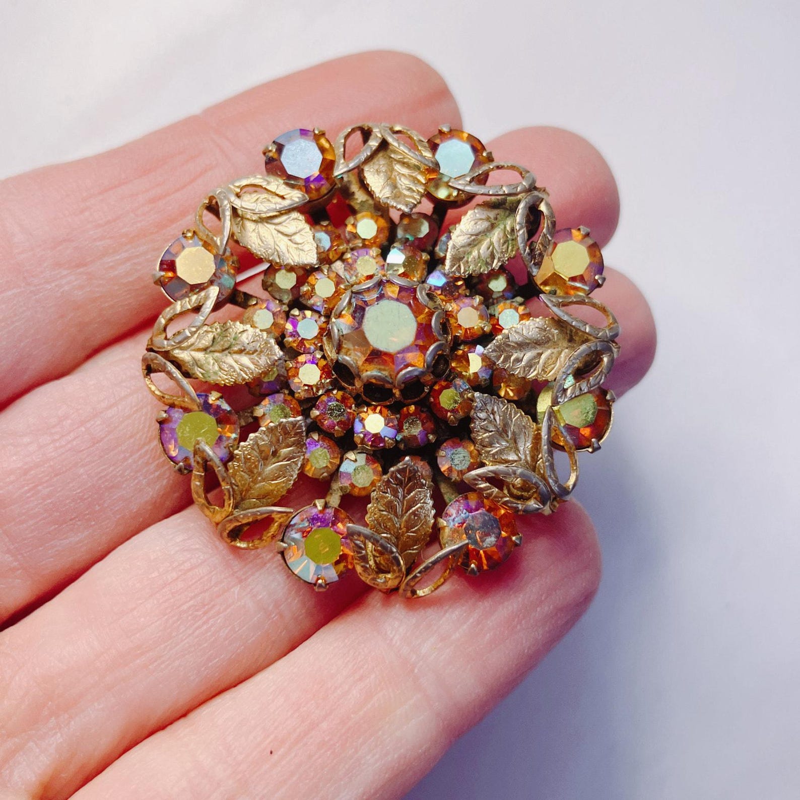 Mid Century VTG Aurora Borealis 1.5" Rhinestone Brooch Pin, Riveted ...