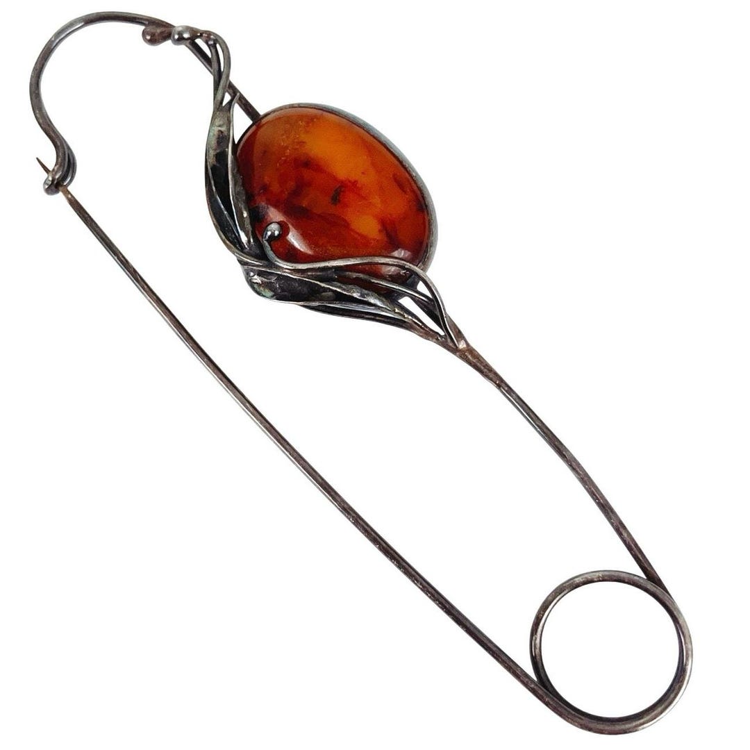 Vintage 80s 90s 925 Sterling Amber Safety Pin Brooch Signed Artisan ...