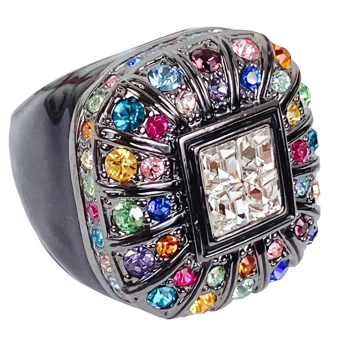 Y2K Princess Amanda Borghese Cocktail Ring Rainbow Rhinestones Gunmetal ...