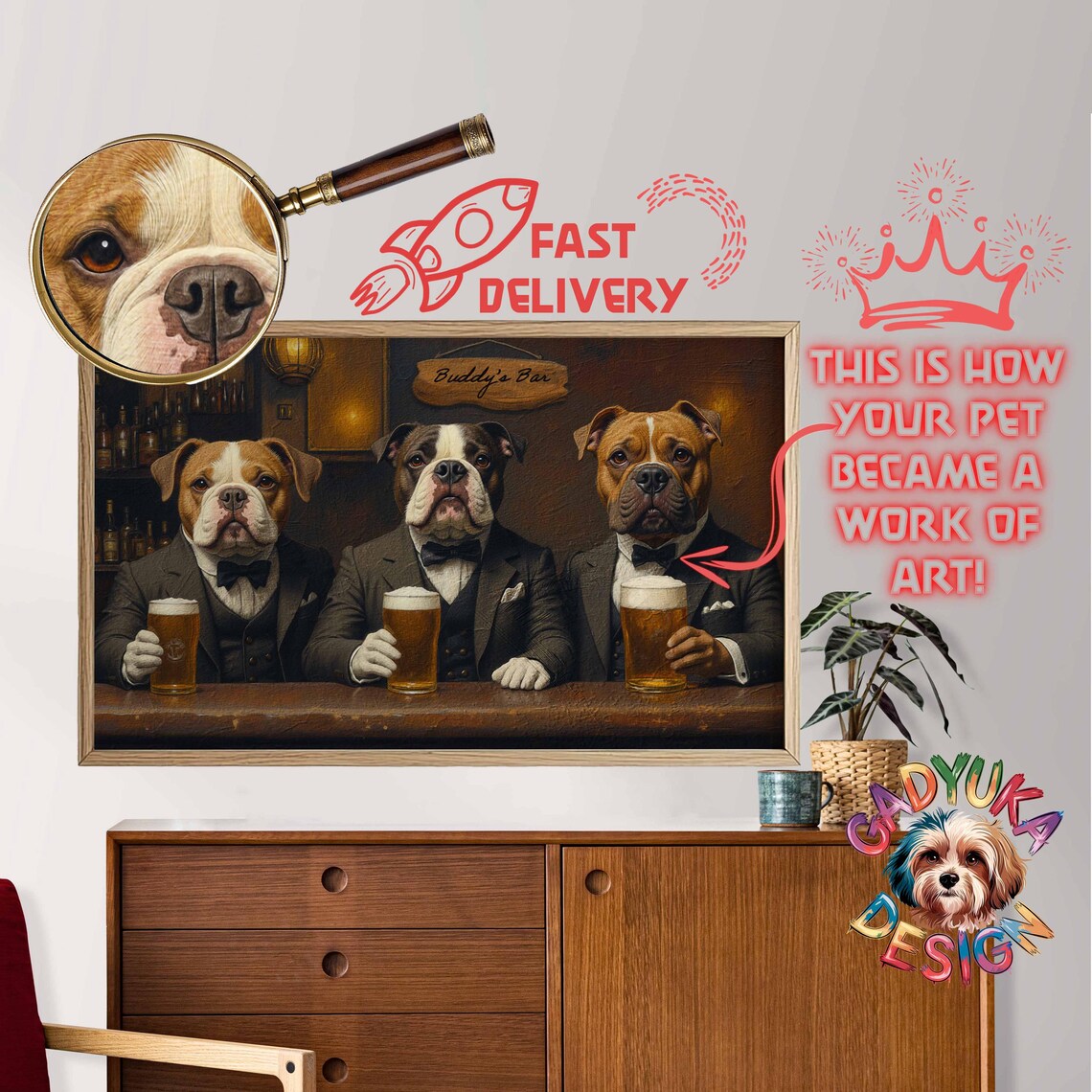 Three Personalized Dogs Drinking Beer Decor Oilpaint Portrait, Multiple ...