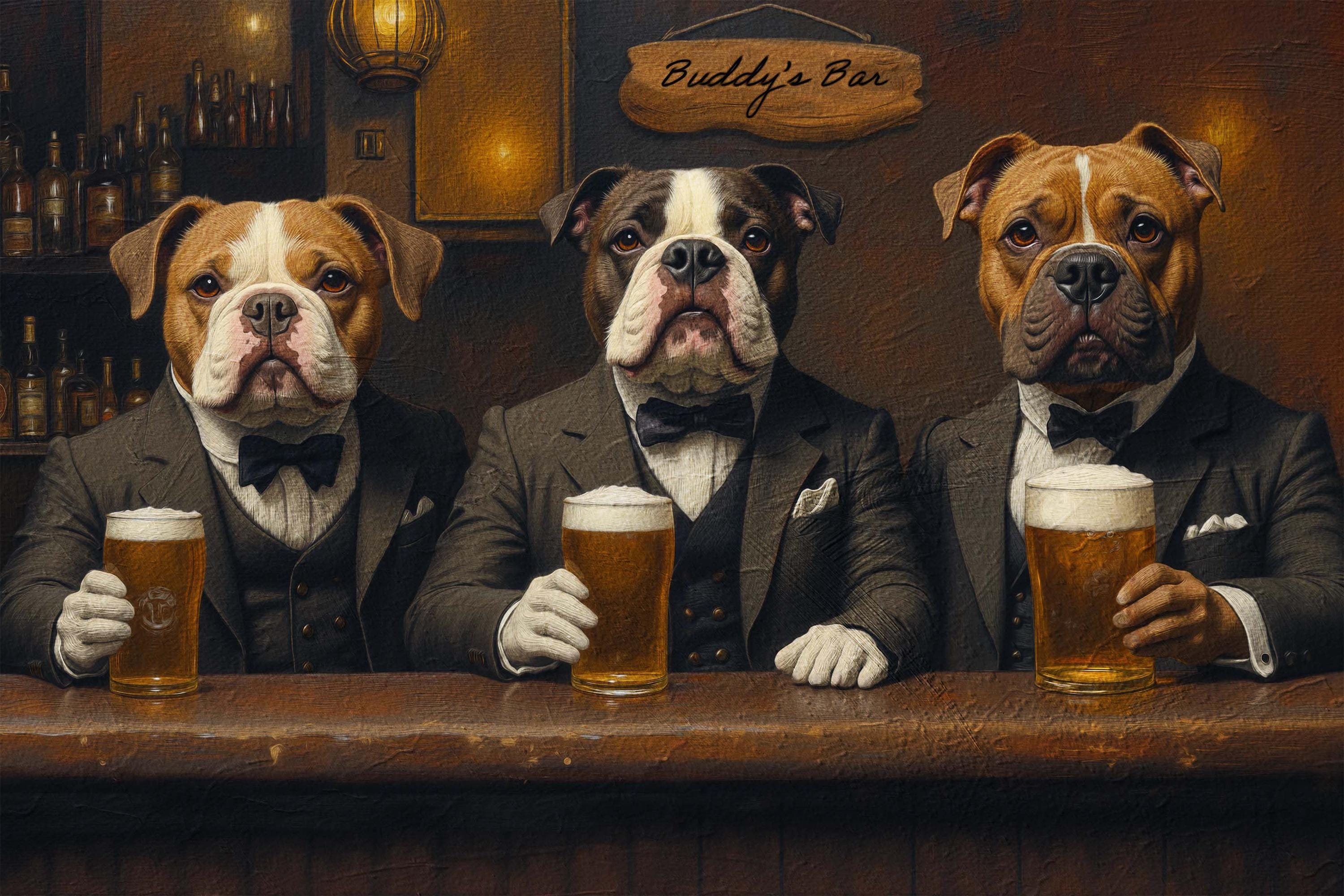 Three Personalized Dogs Drinking Beer Decor Oilpaint Portrait, Multiple ...