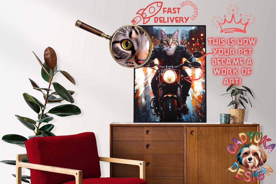 Biker Cat Portrait: Custom Pet Motorcycle Art (digital Product) - Etsy