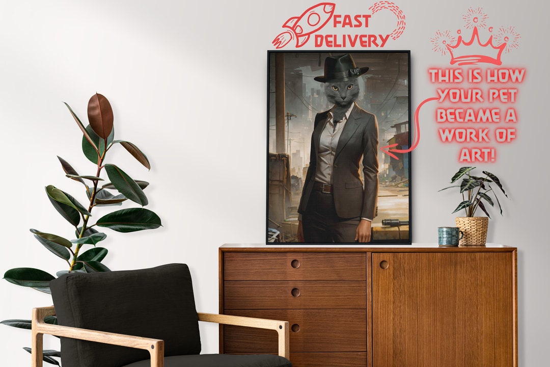 John Wick Cat Portrait, Cat in Suit, Criminal Cat Portrait, Mafia Hat ...