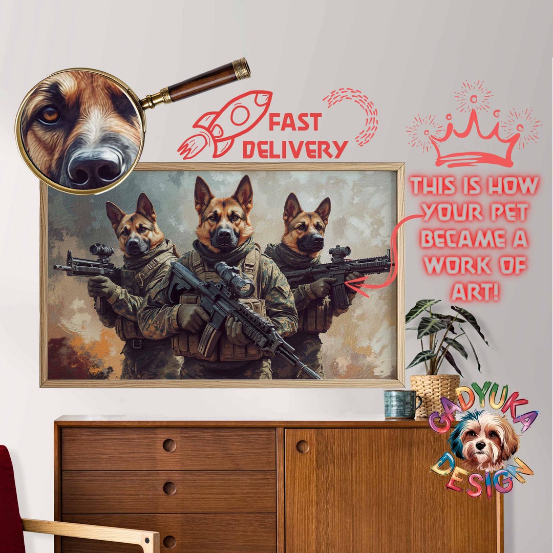 Custom Military Pet Portrait: Three Dogs With Rifle Art (digital ...