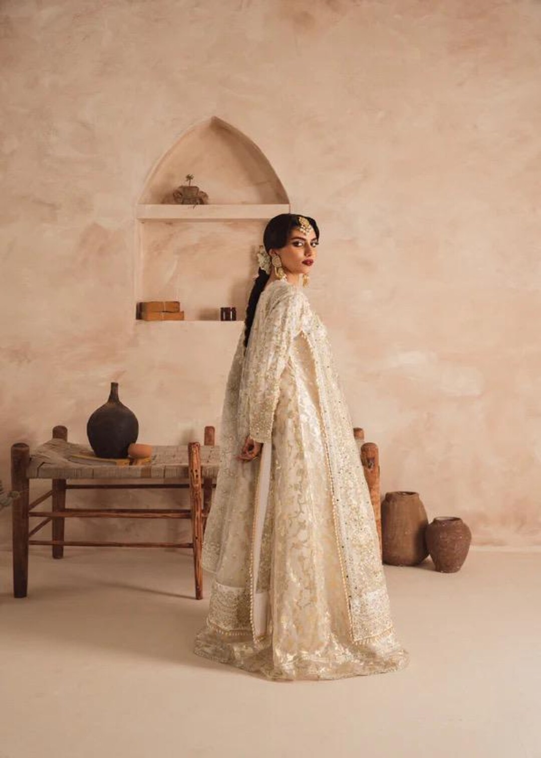 White Embroidered Net Flared Maxi Dress – 3-piece Formal Ensemble With ...