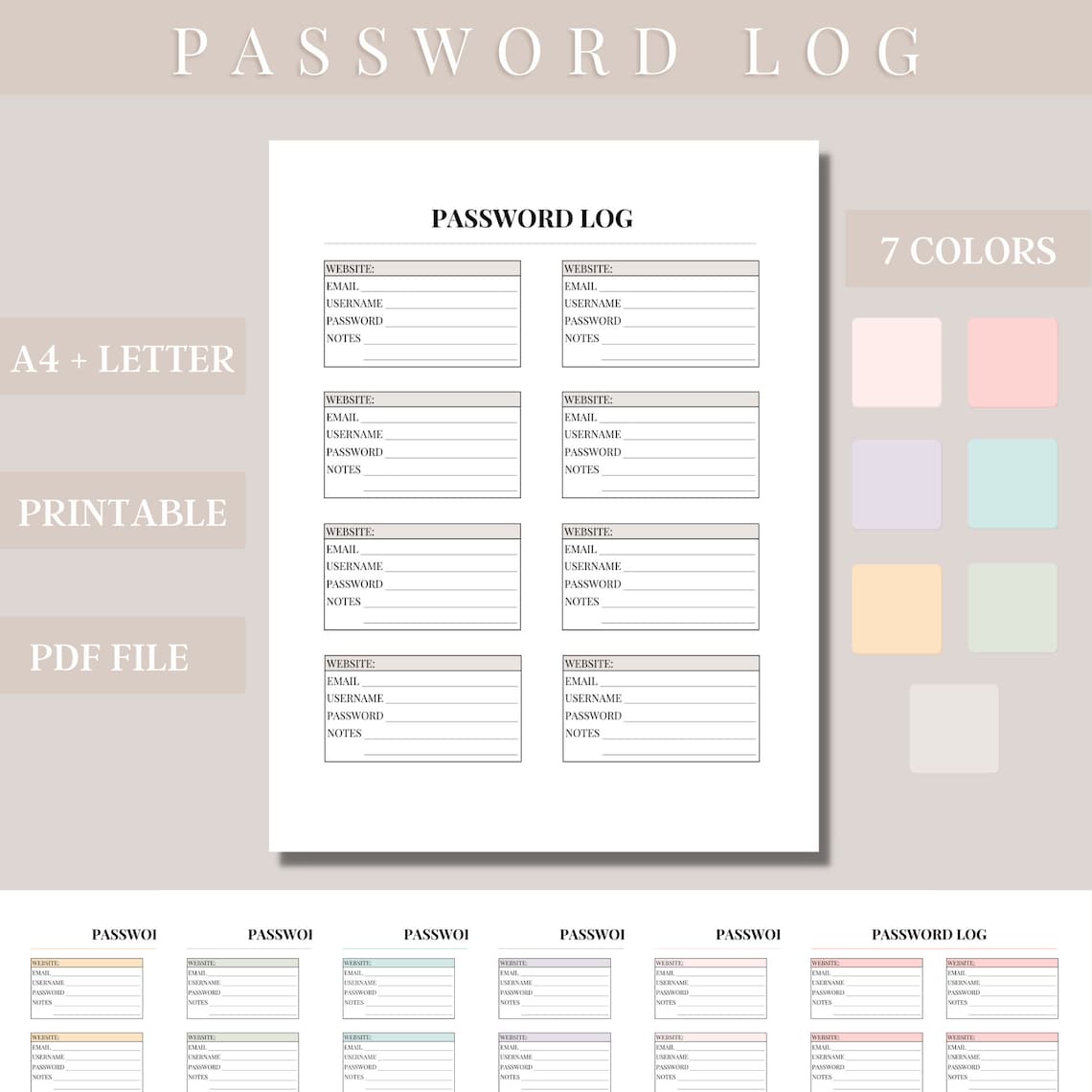 Printable Password Log | Password Tracker | A4 & Letter Size - Etsy
