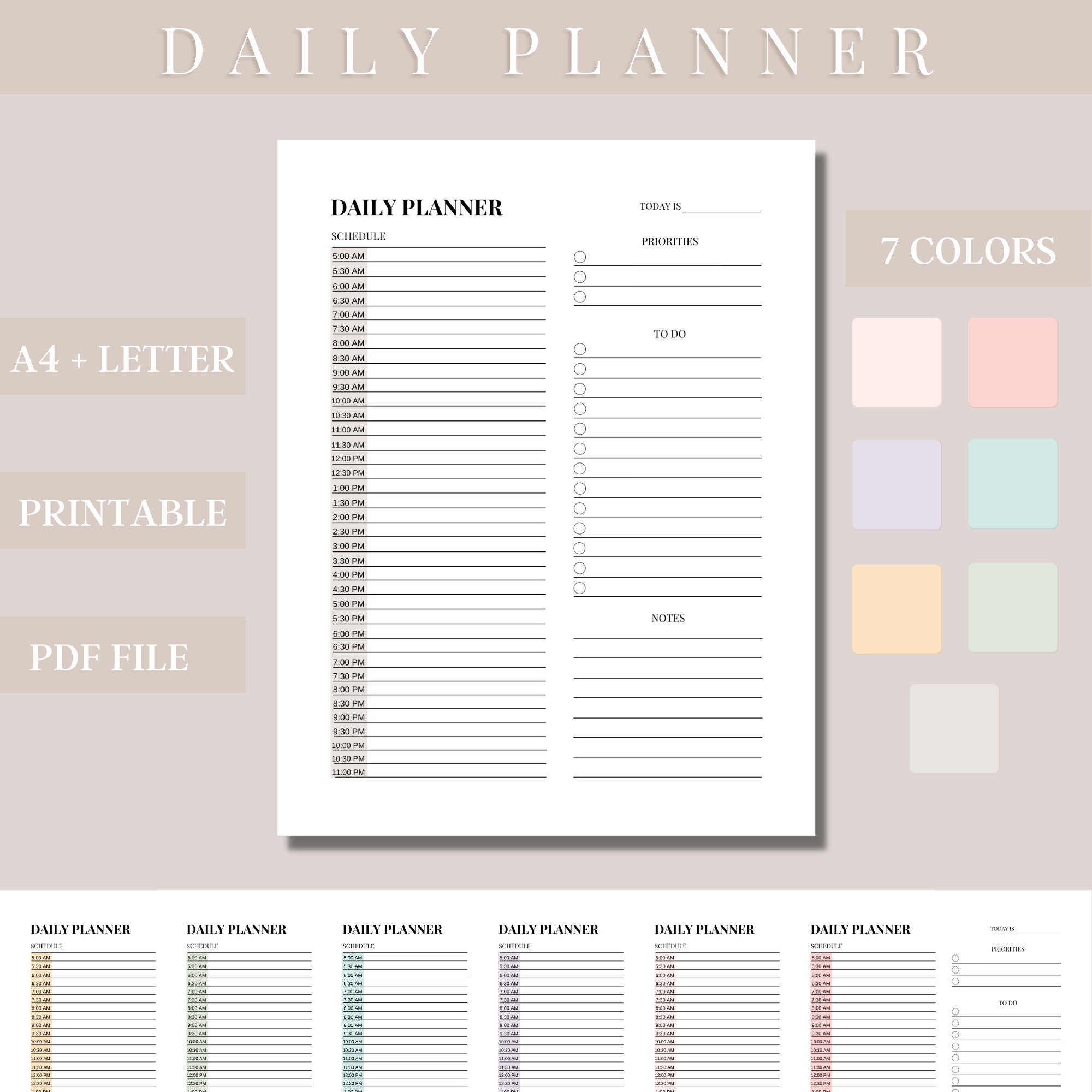 Printable Daily Planner Half Hour Productivity Tracker A4 & Letter Size ...