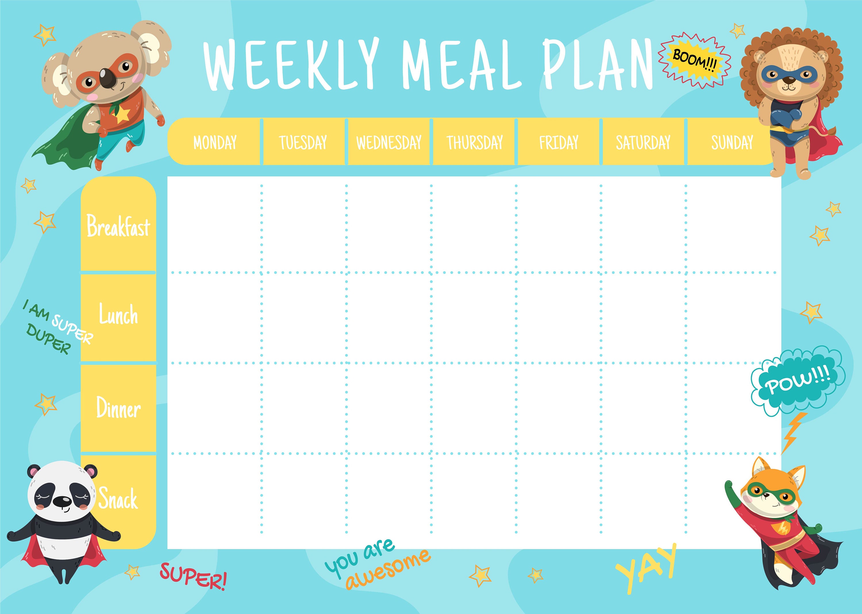 Cute Kids Superhero Meal Planner | Digital Planner | Printable Planner ...