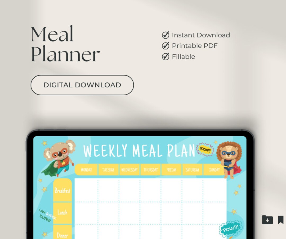 Cute Kids Superhero Meal Planner | Digital Planner | Printable Planner ...