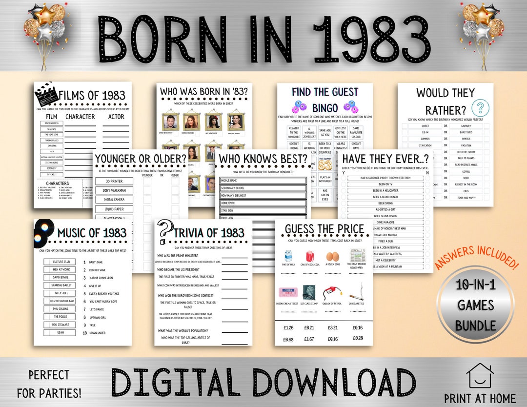 40th Birthday Party Games Born in 1983 Digital Games Bundle Printable ...