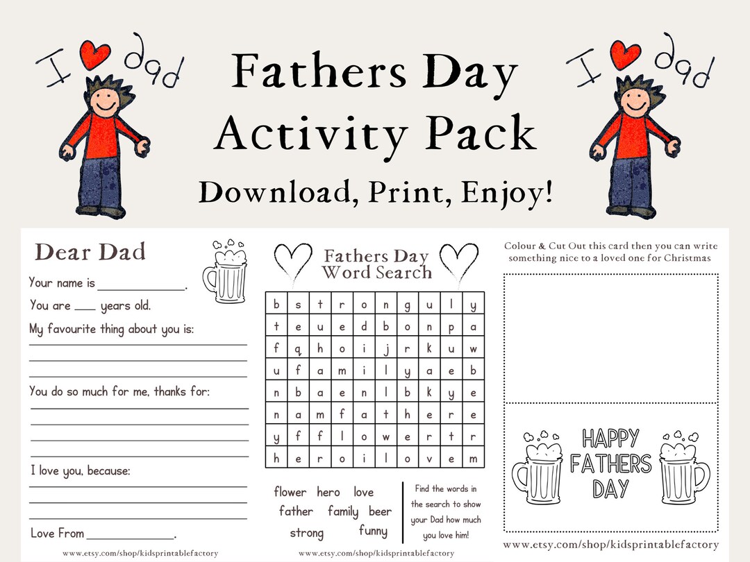 Kids Fathers Day Activity Pack, Word Search, Colouring, Dear Dad ...