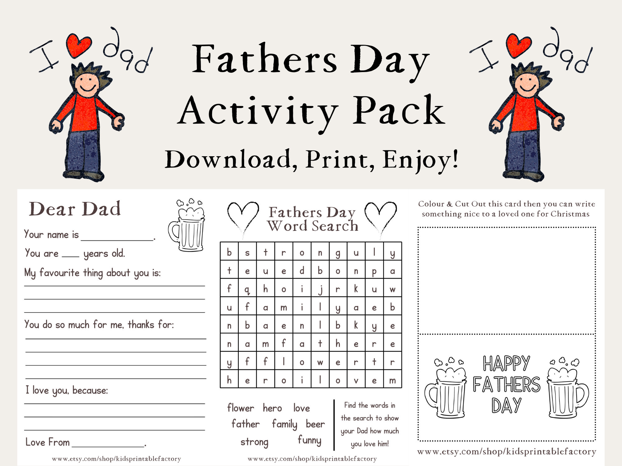 Kids Fathers Day Activity Pack, Word Search, Colouring, Dear Dad ...