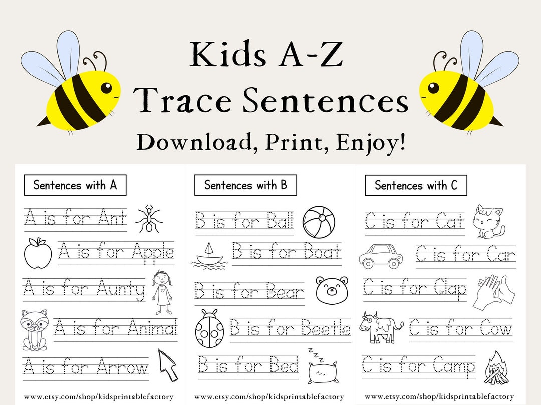 26 Page A-Z Kids Traceable Sentences, Alphabet, Printable Worksheet ...