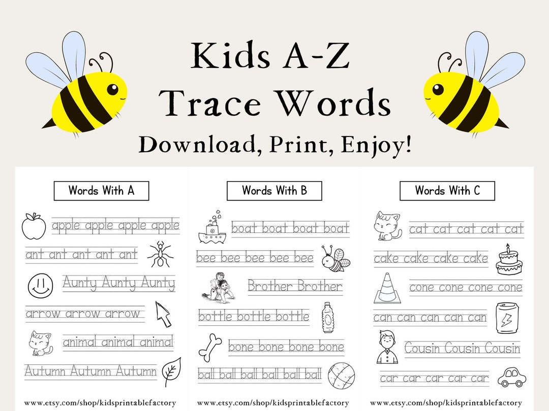 26 Page A-Z Kids Traceable Words, Alphabet, Printable Worksheet, Home ...