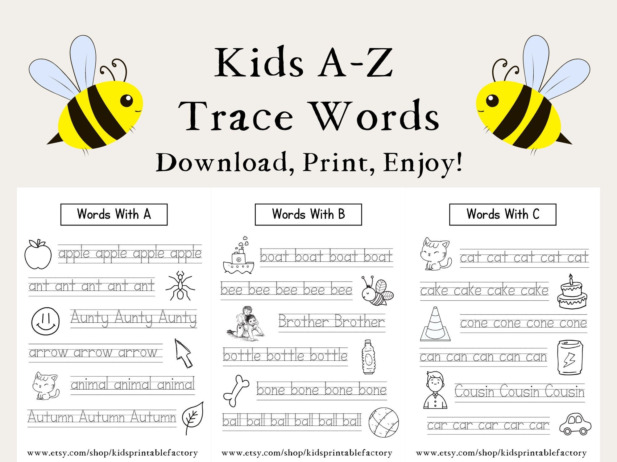 26 Page A-Z Kids Traceable Words, Alphabet, Printable Worksheet, Home ...