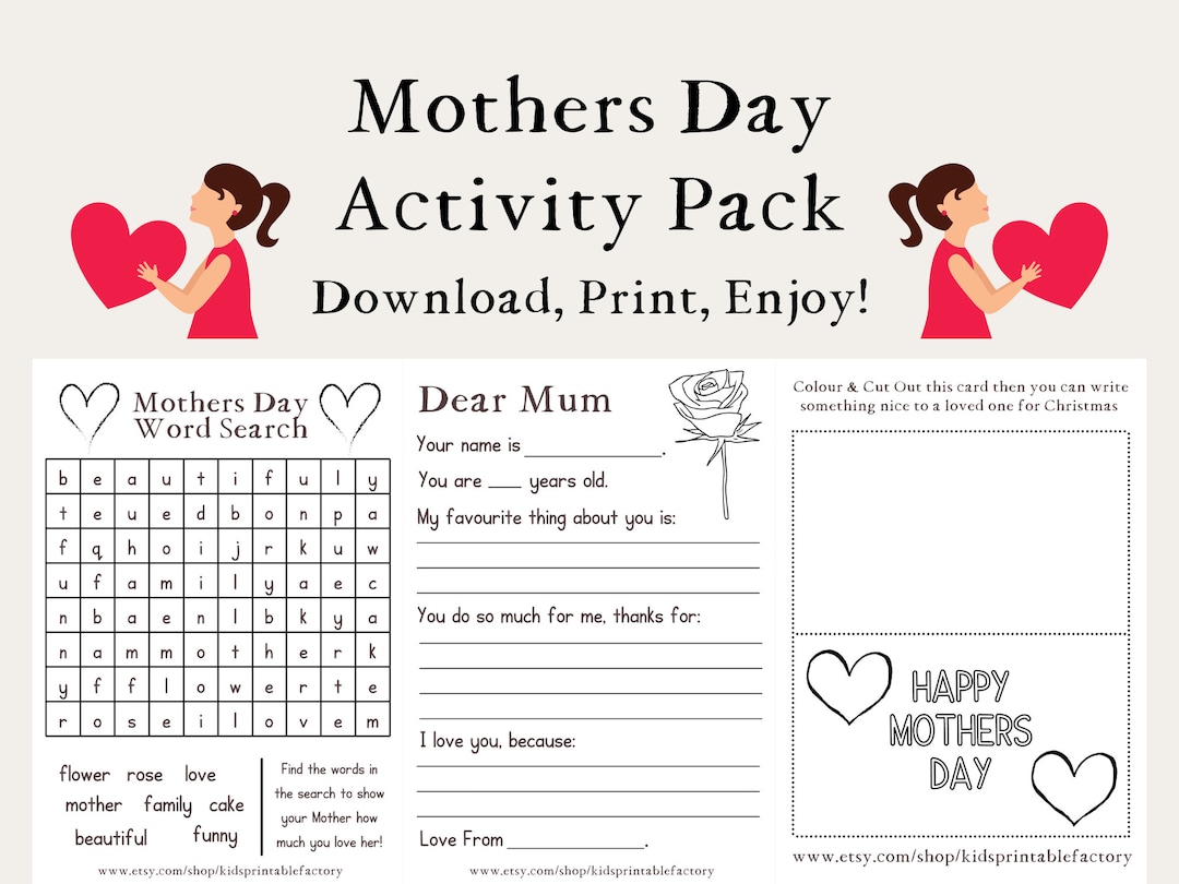 Kids Mothers Day Activity Pack, Word Search, Colouring, Dear Mum Mom ...