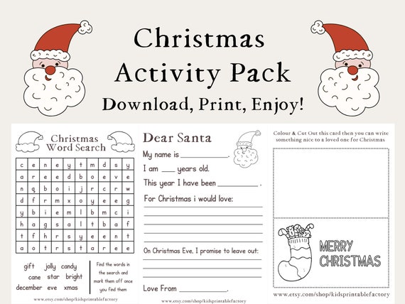 Kids Christmas Activity Pack Word Search Colouring Dear | Etsy