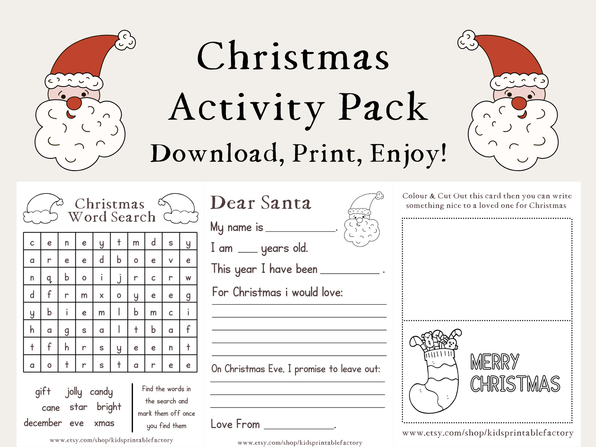 Kids Christmas Activity Pack, Word Search, Colouring, Dear Santa ...