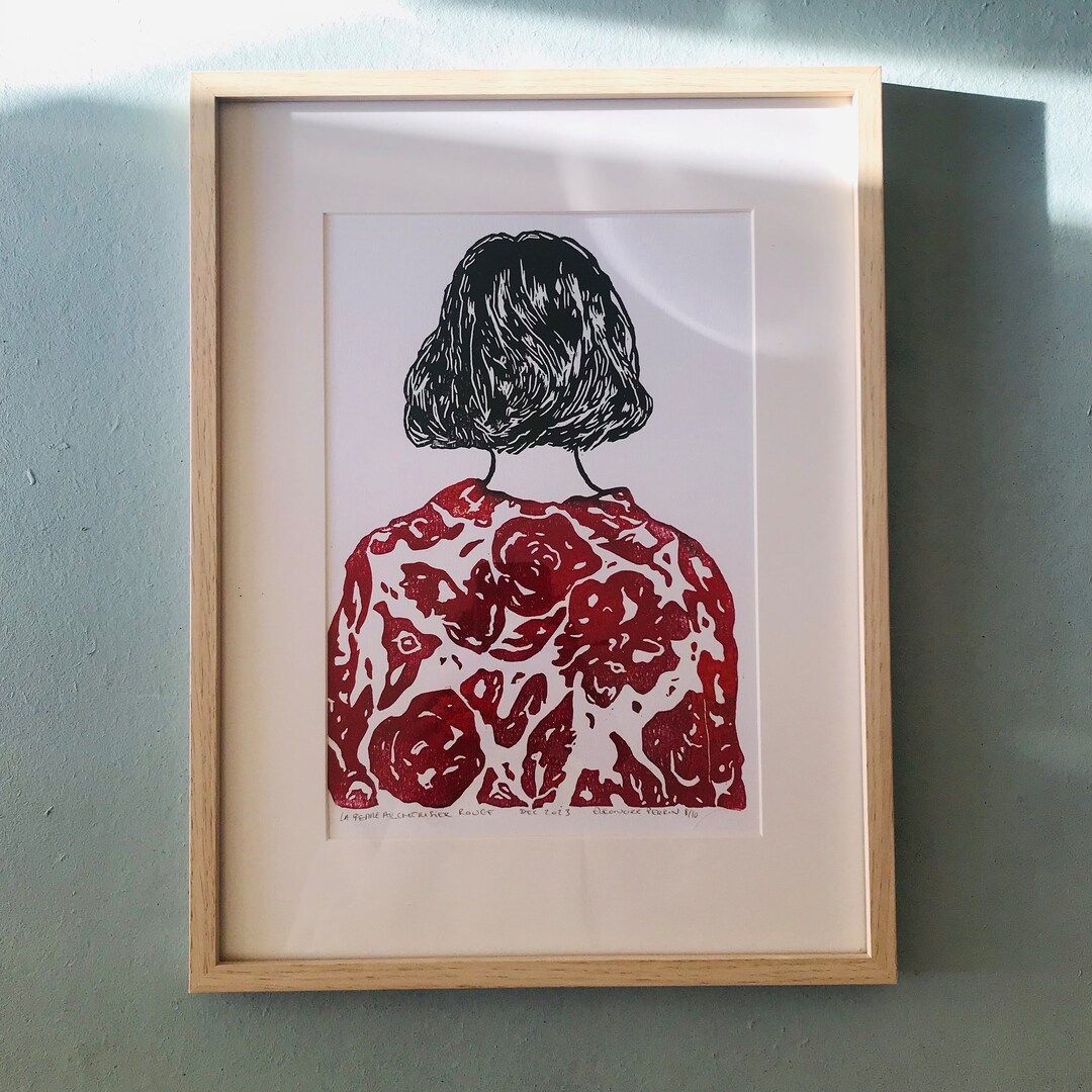 Linocut “WOMAN FROM BACK, the Red Blouse” Art Print - Wall Art ...