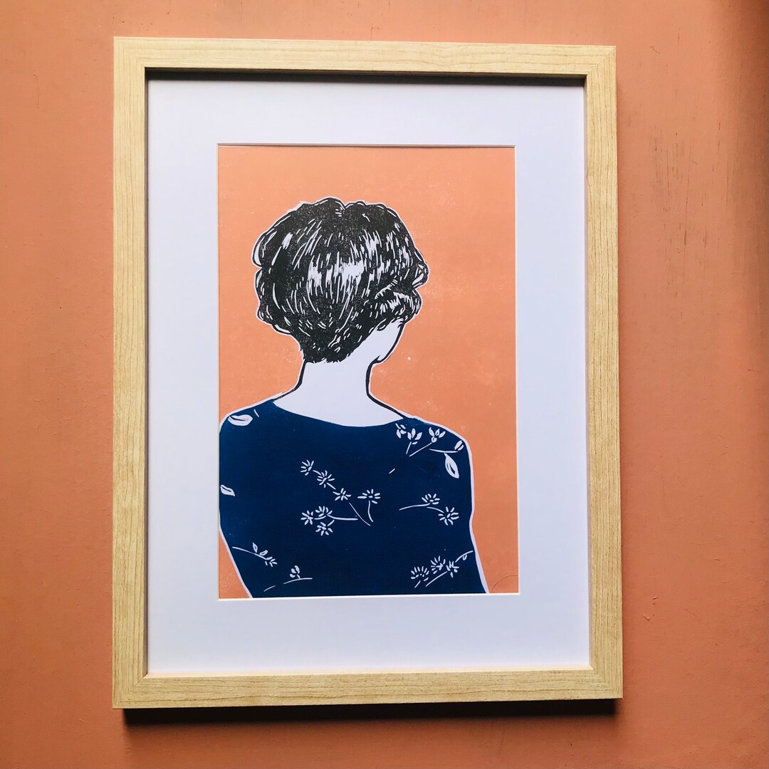 Linocut Woman From Behind With Short Hair Art Print Wall Art Linocut ...