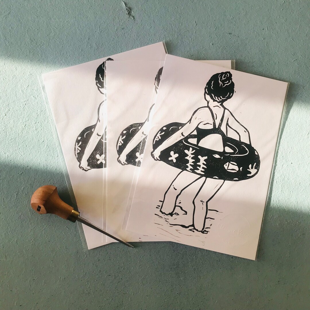 Linocut “little Girl at the Beach” Art Print - Wall Art - Printmaking ...