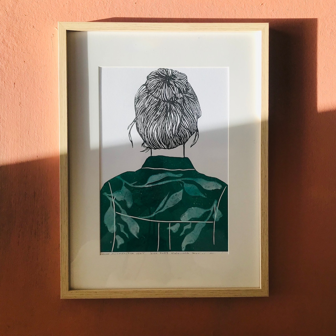 Linocut "the Woman in the Green Blouse" Art Print - Wall Art - Linocut ...