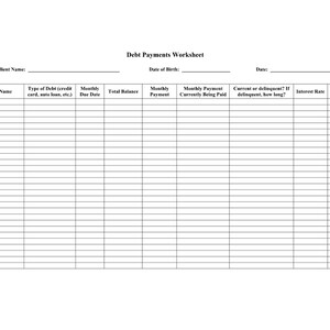 Blank Digital Printable Template PDF Word Debt Payments Worksheet ...