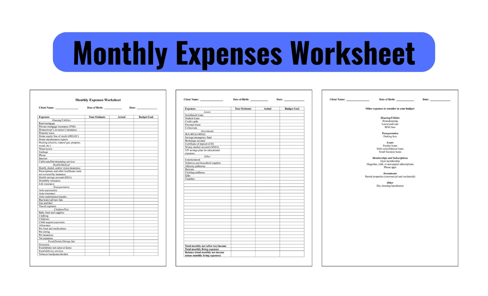 Monthly Expenses Tracker Worksheet Budget Blank Digital Printable ...