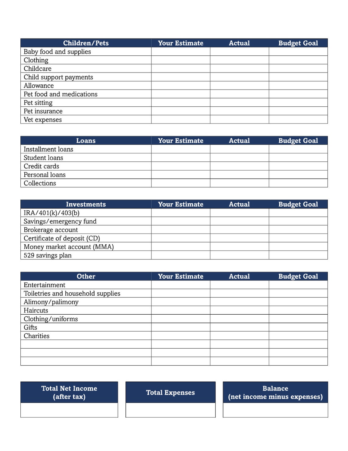 Monthly Expenses Worksheet Budget Blank Digital Printable Template PDF ...