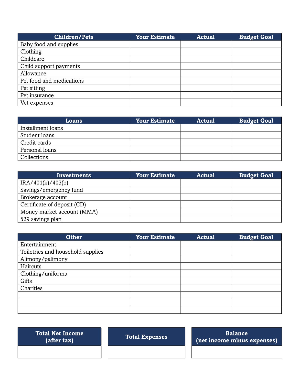 Monthly Expenses Worksheet Budget Blank Digital Printable Template PDF ...