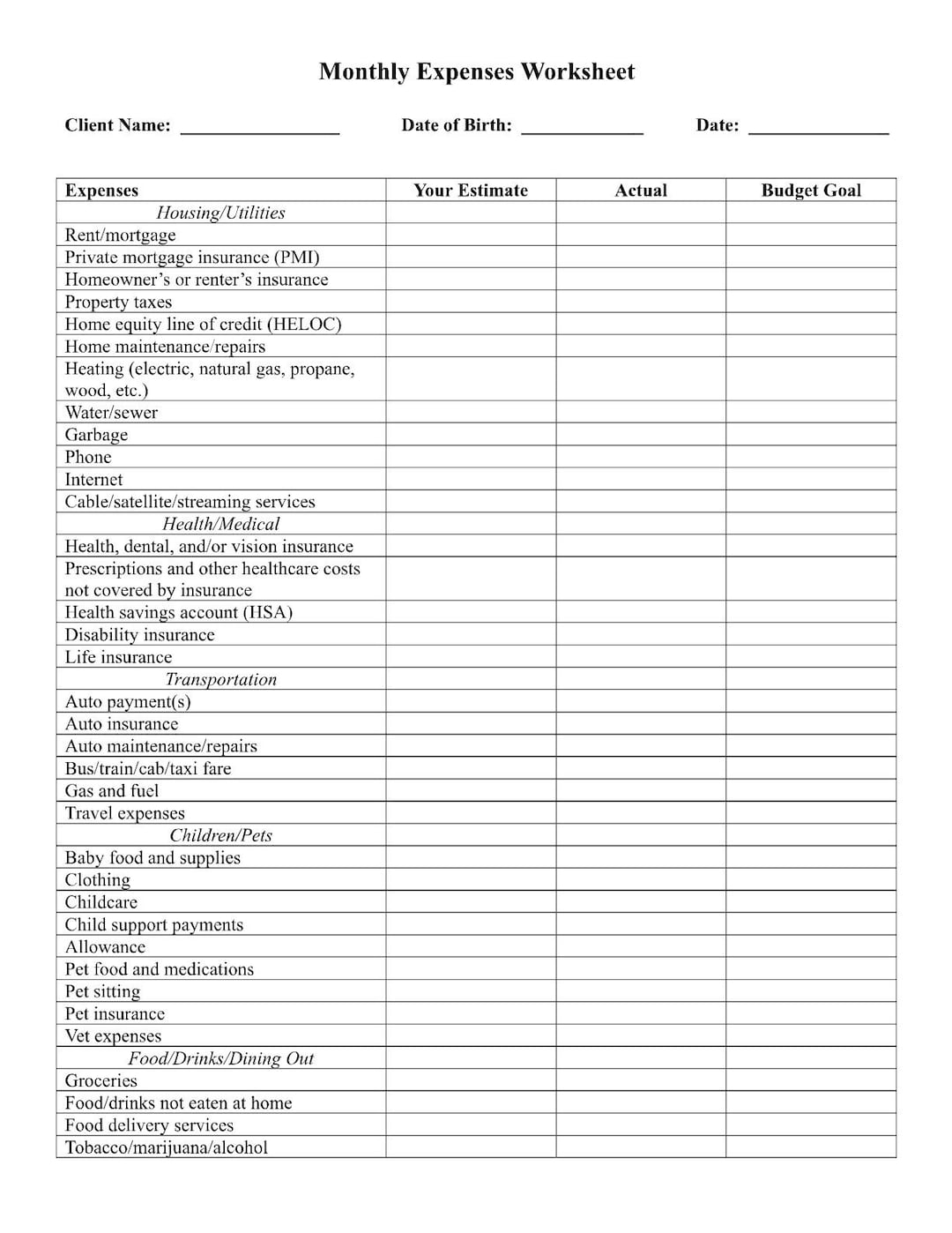 Monthly Expenses Tracker Worksheet Budget Blank Digital Printable ...