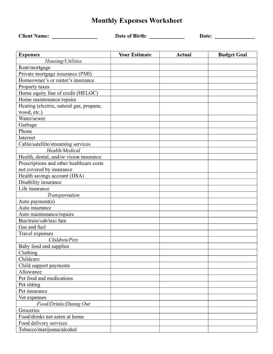 Monthly Expenses Tracker Worksheet Budget Blank Digital Printable ...
