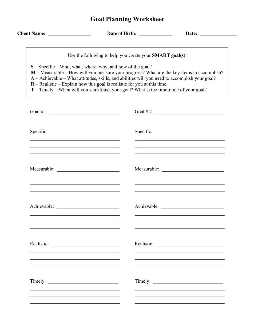 Blank Digital Printable Template PDF Word Goal Planning Worksheet SMART ...