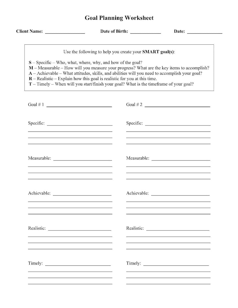 Blank Digital Printable Template PDF Word Goal Planning Worksheet SMART ...