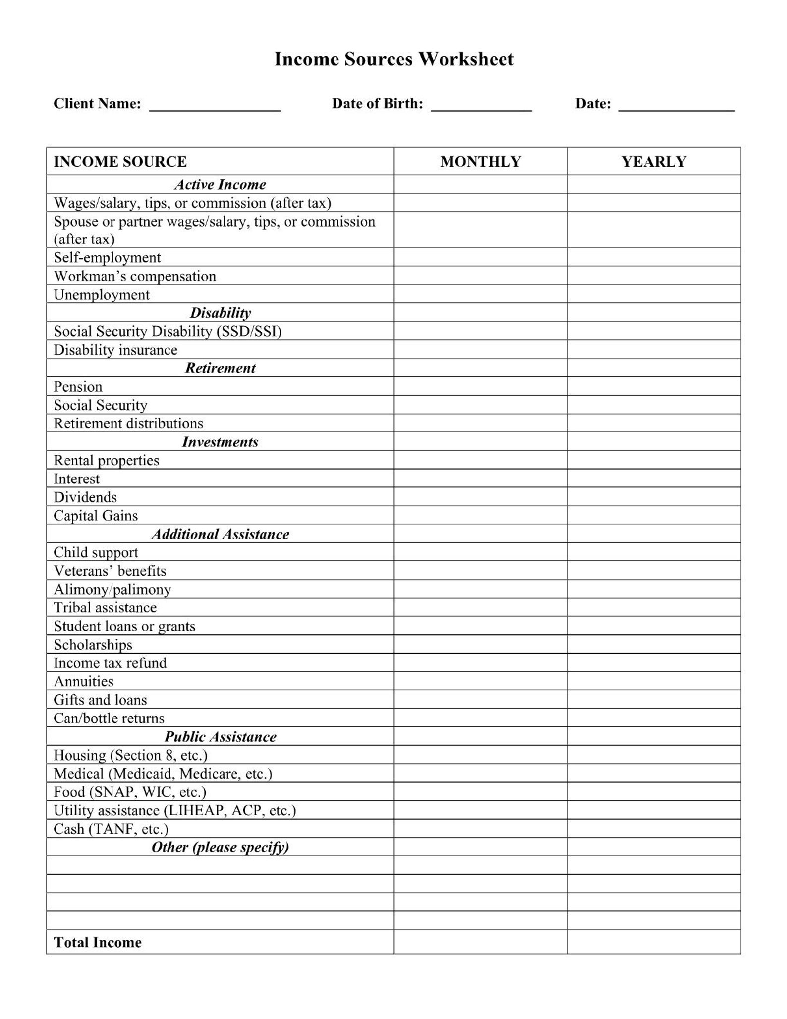 Blank Digital Printable Template PDF Word Income Sources Worksheet ...