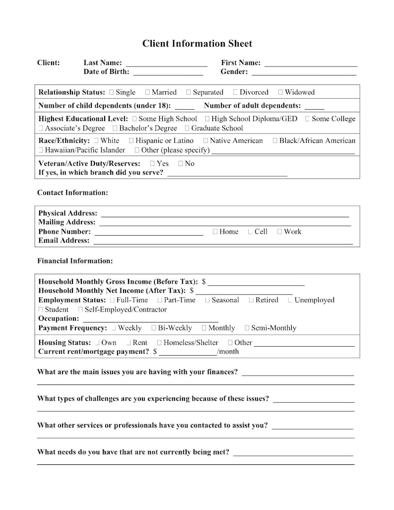 Blank Digital Printable Template PDF Word Client Information Intake ...